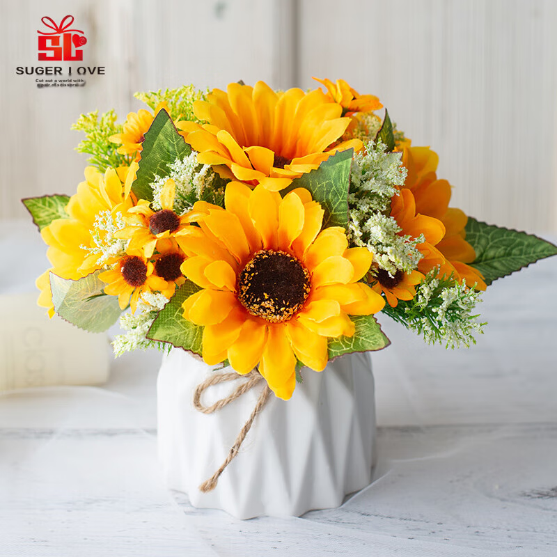 Artificial Sugar-Coated Fake Flower Arrangement with Ceramic Vase Set for Living Room TV Cabinet Decoration, Sunflower 18cm