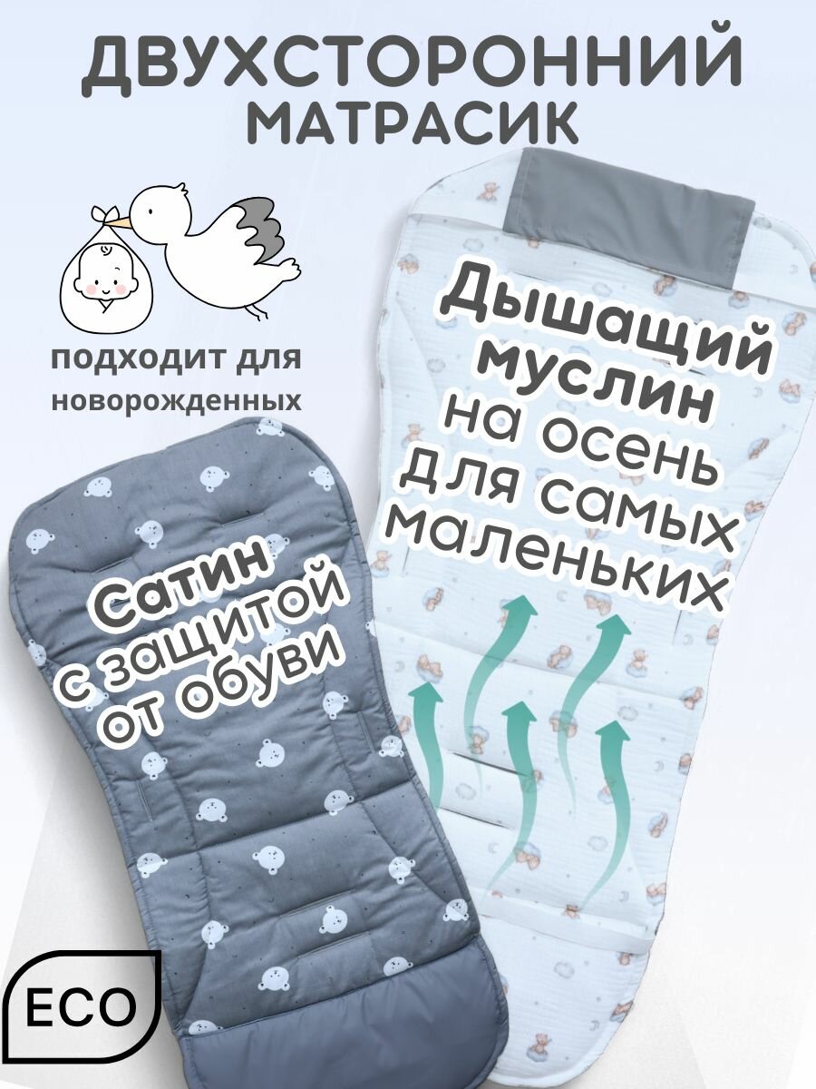 Матрас в коляску двухсторонний детский из муслина
