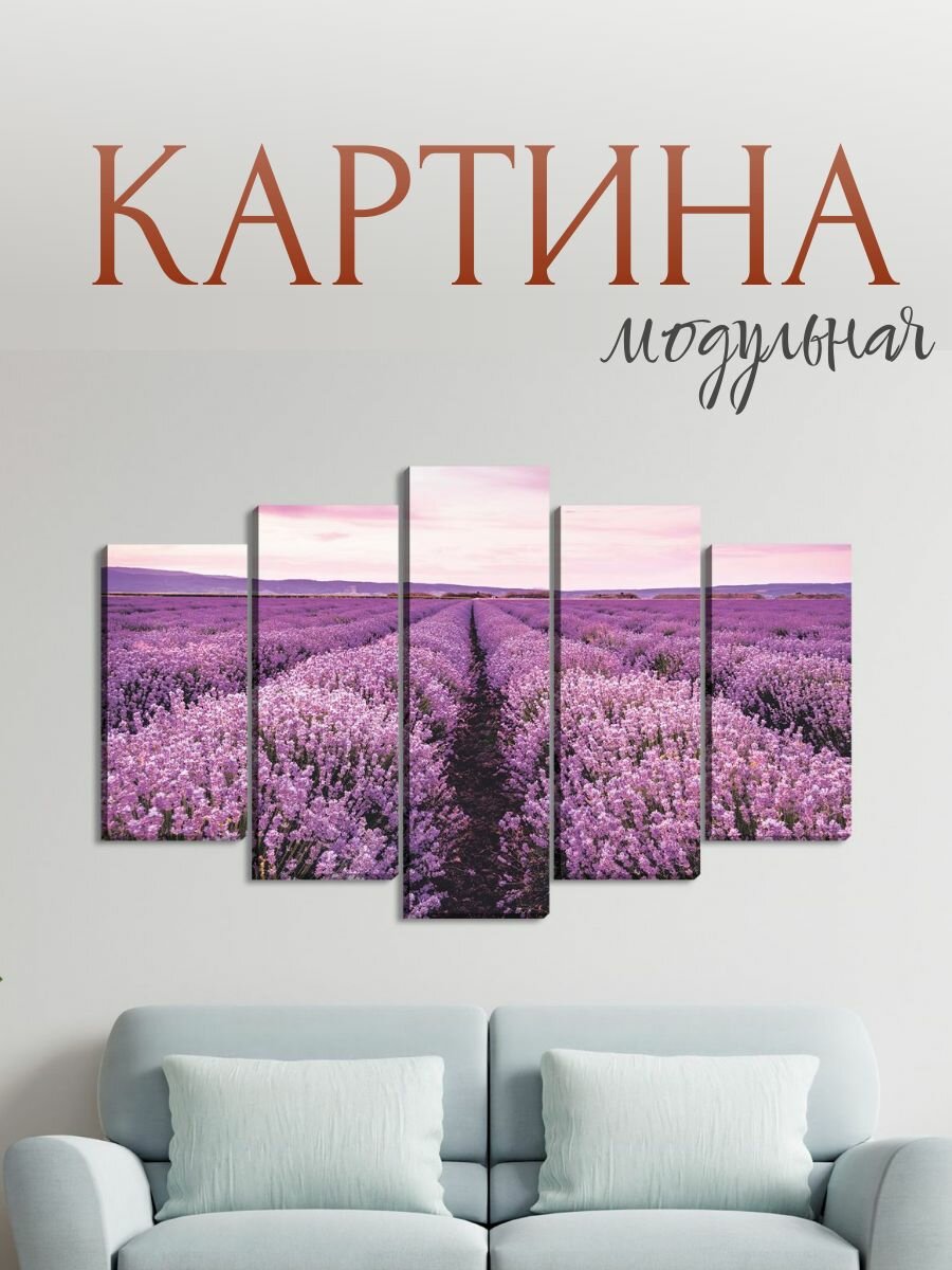 Модульная картина "Поле Лаванды" для интерьера на стену 140х80см, Картина на холсте из 5 частей, Фотопанно