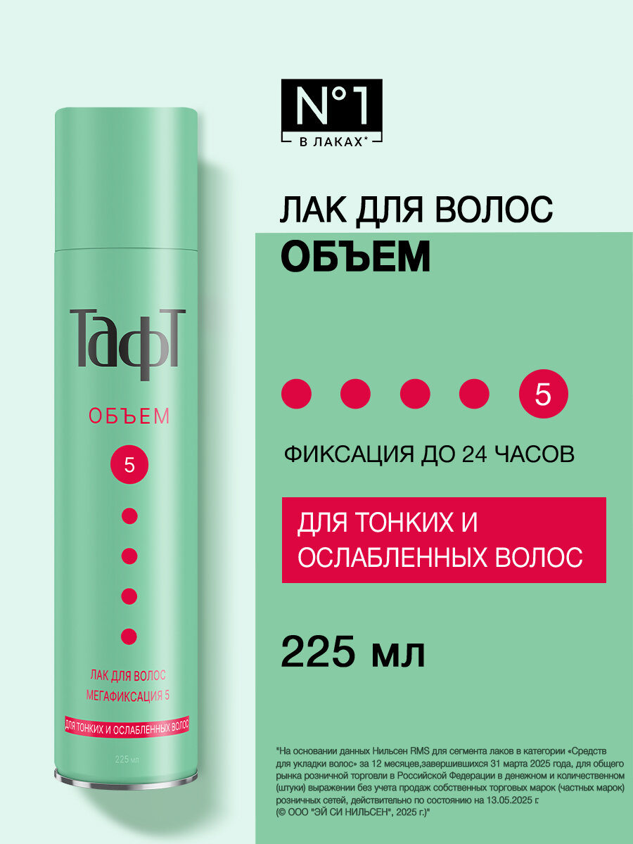 Тафт Лак для волос Объем, для тонких волос, мегафиксация 5, 225 мл