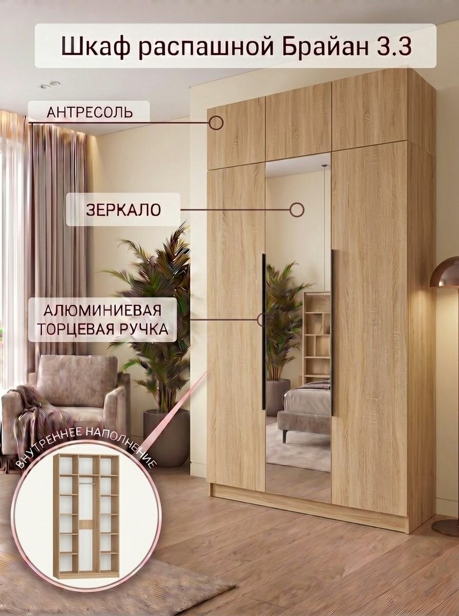 Распашной шкаф с зеркалом Брайан 3 120-55-220 дуб сонома белье-платье-белье