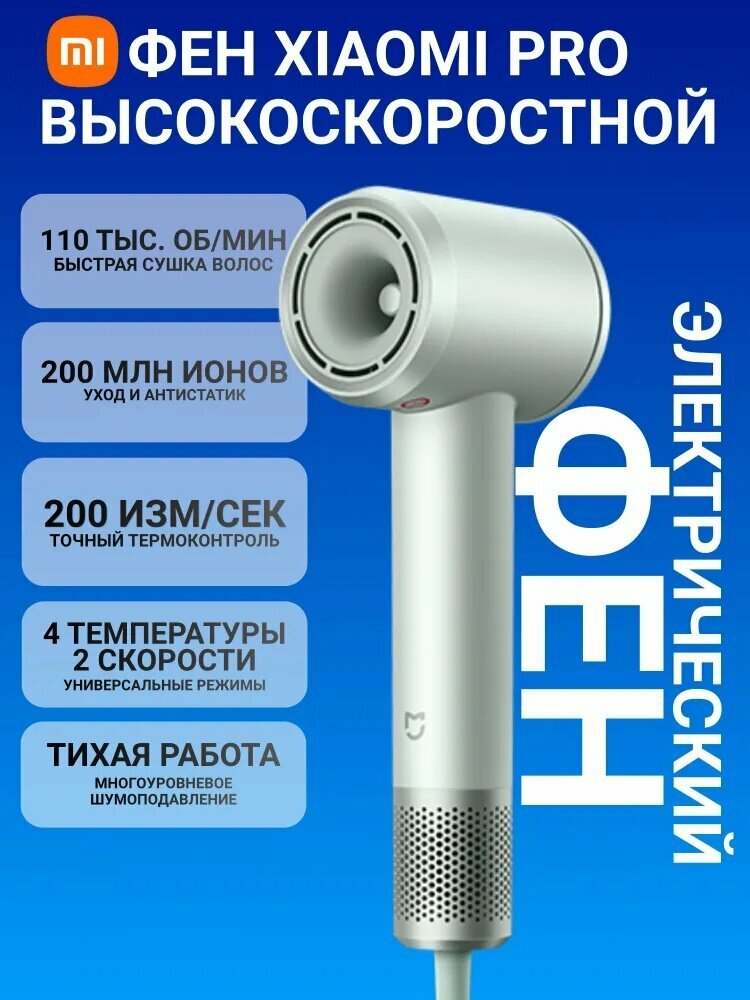 Mijia Фен для волос Xiaomi High-Speed Hair Dryer Pro 1600 Вт, скоростей 2, кол-во насадок 3, светло-зеленый