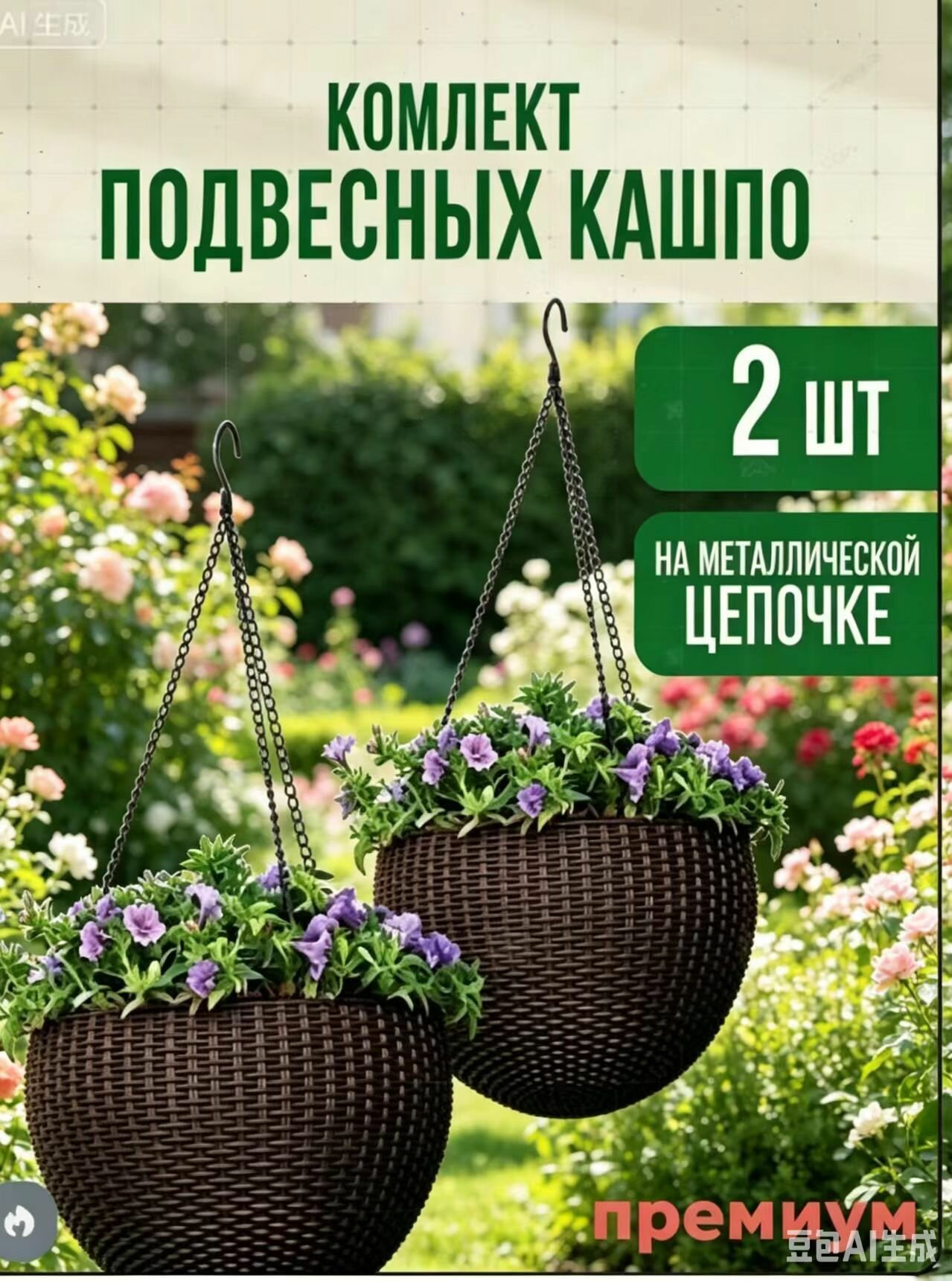 Подвесное кашпо набор 2 шт с металлической цепью, имитация плетения для ампельных цветов на балконе