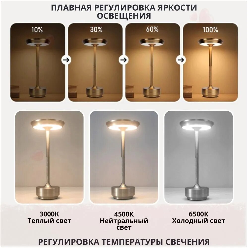Лампа настольная беспроводная LED, сенсорное управление, 3 режима, 7 часов работы, серебро — фото 1