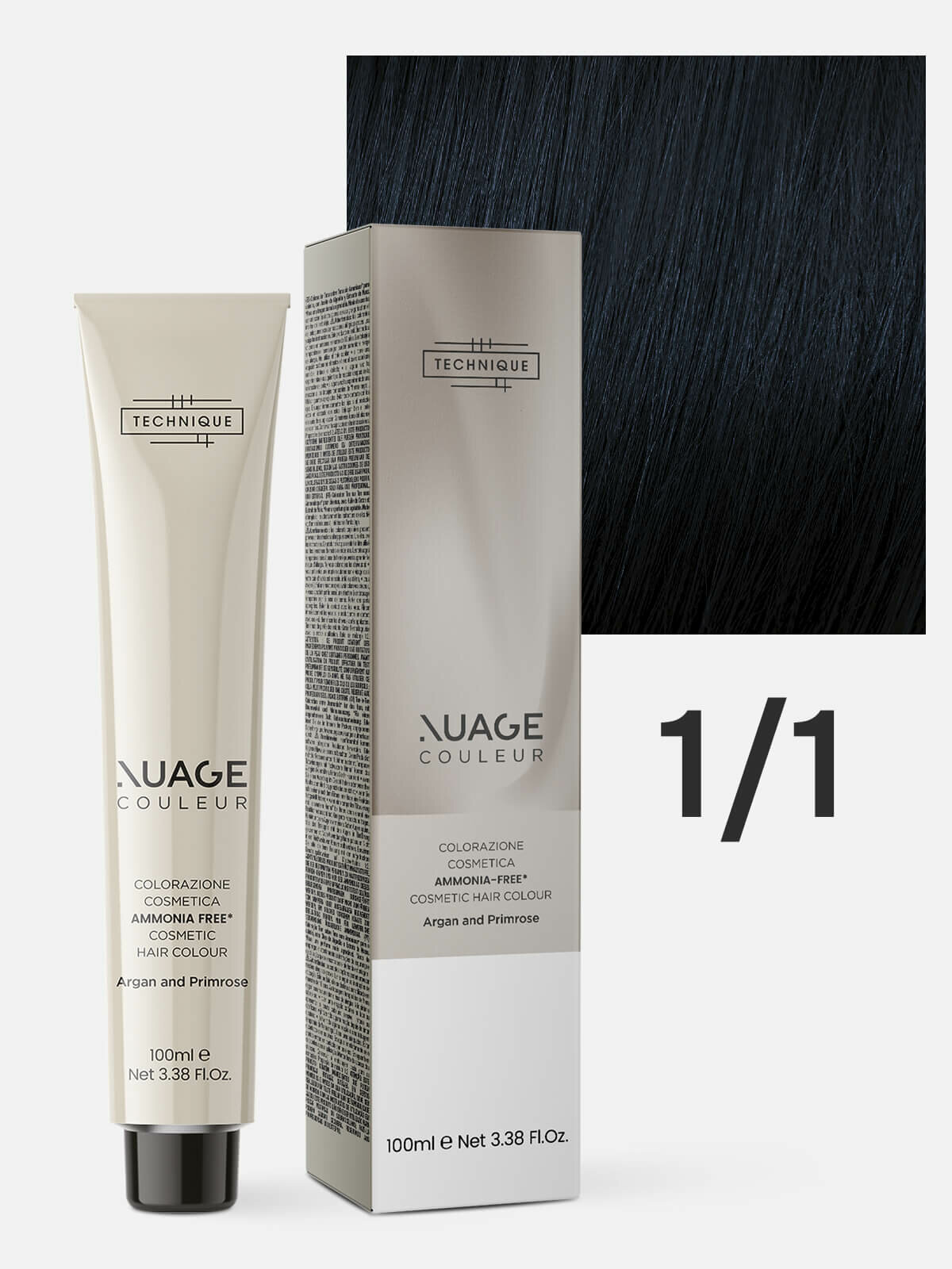 Крем - краска для волос профессиональная без аммиака Technique Nuage Ammonia Free Hair Color Cream 1.1 Иссиня-черный, 100 мл