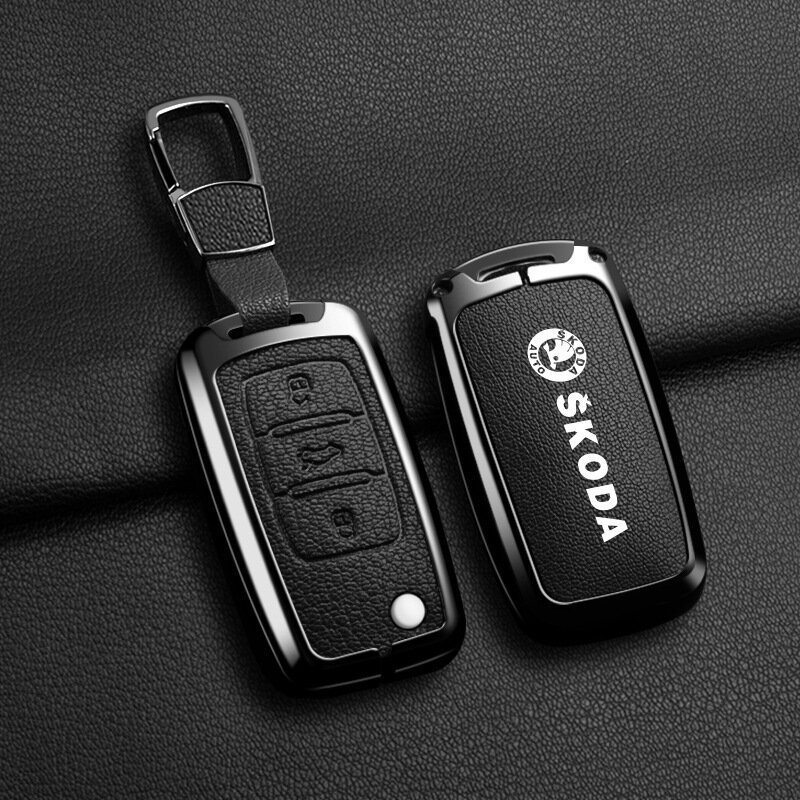 Чехол для брелока Skoda A-Style черный текстура козьей кожи с крючком B01 для моделей Octavia Fabia Kodiaq Karoq