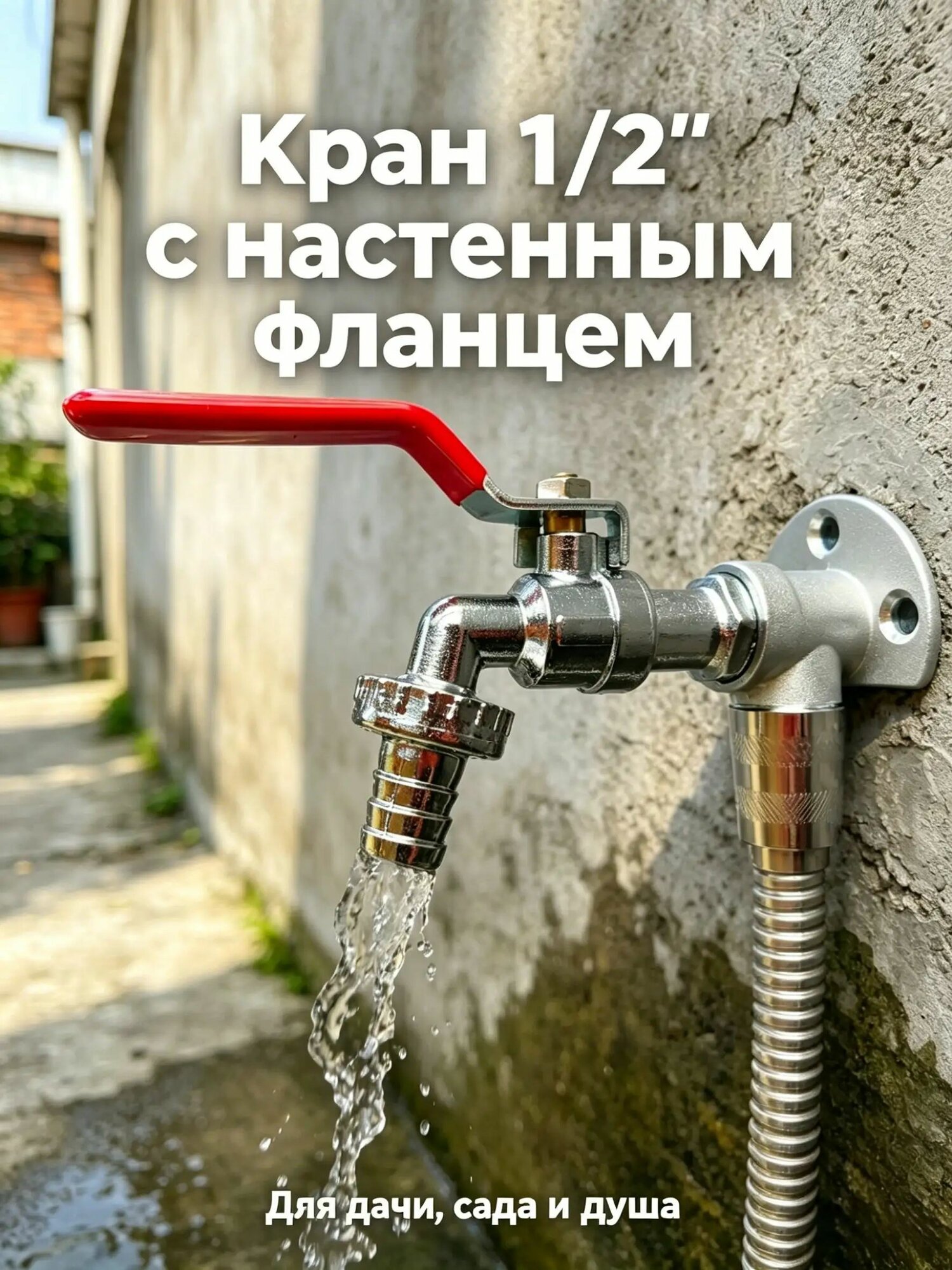 Угловой кран с настенным фланцем 1/2" из нержавеющей стали для воды, полива и душа