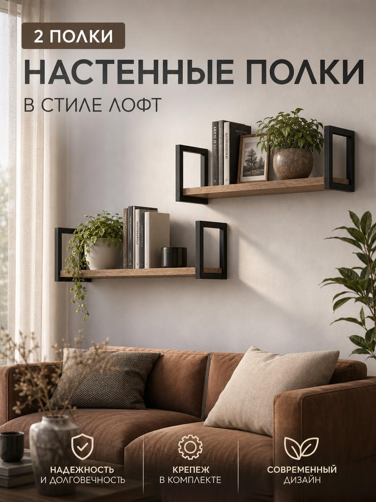 Полка настенная деревянная навесная лофт / Комплект полок из 2 штук коричневых