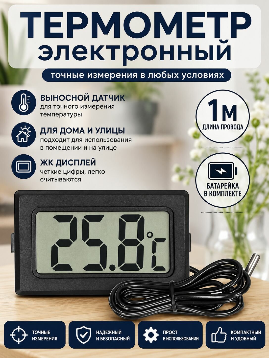 Термометр электронный с выносным проводным датчиком/ на батарейках/ Treversypro DP-179