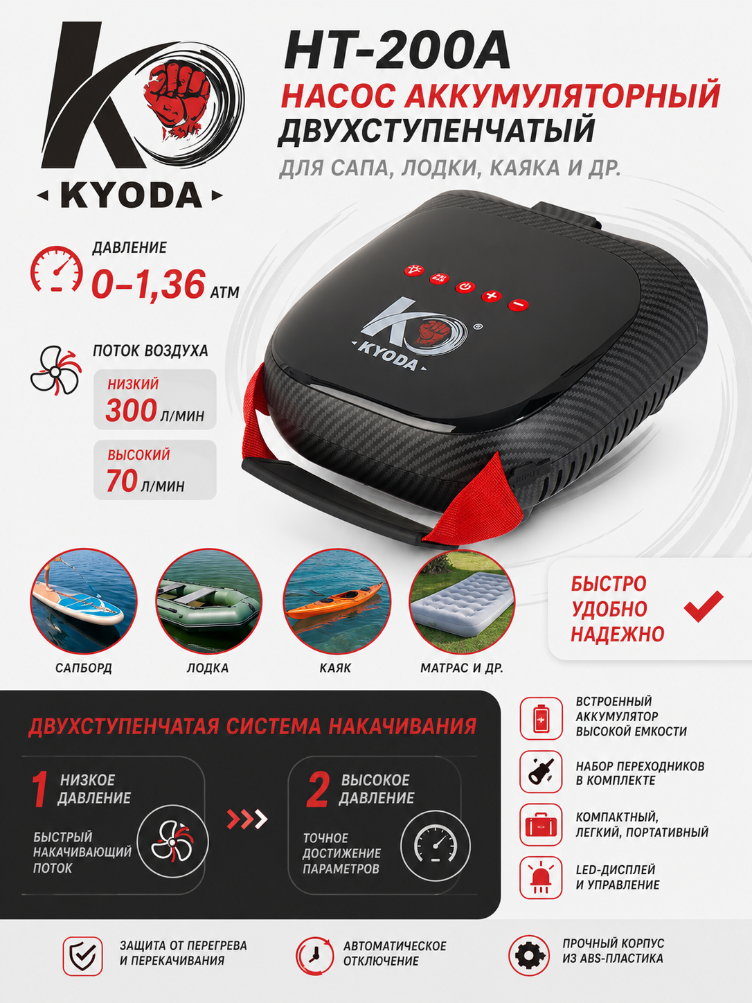 Насос для лодки пвх / сапборда электрический аккумуляторный KYODA