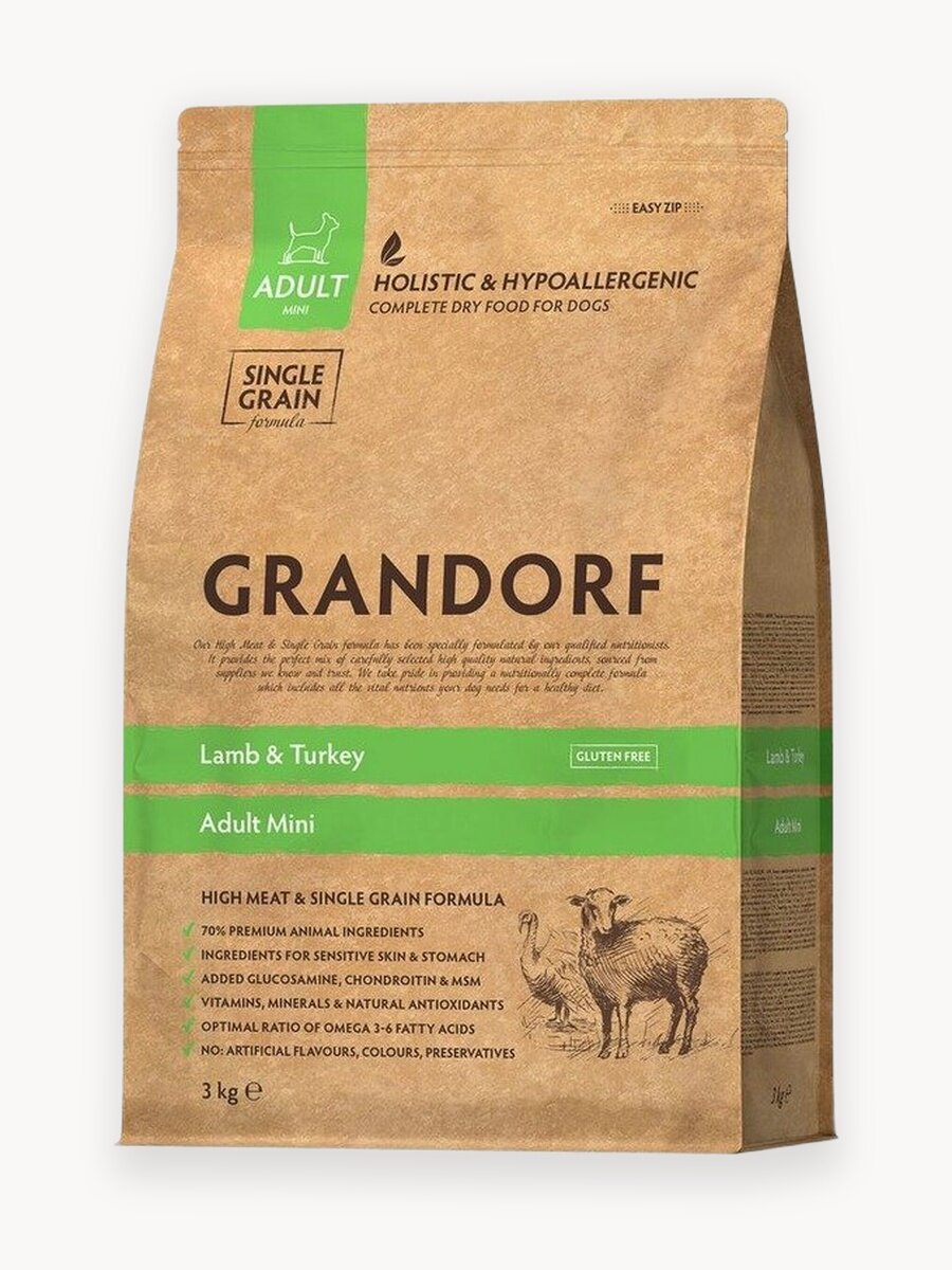 Сухой корм Grandorf Lamb & Turkey Mini для взрослых собак мини пород Ягненок и индейка, 3 кг.