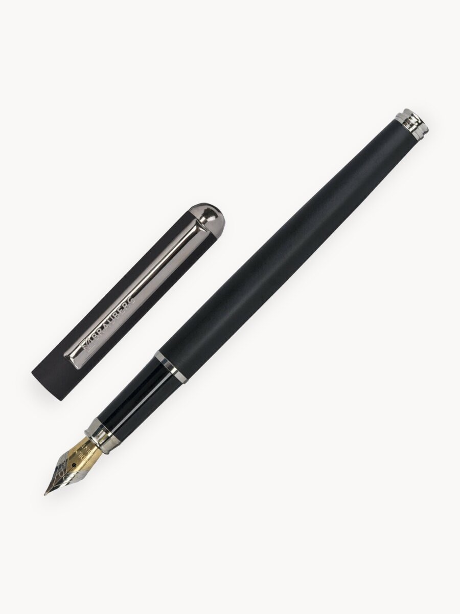 Ручка перьевая подарочная мужчине и женщине Brauberg Larghetto, Синяя, корпус черный с хромированными деталями, 143477