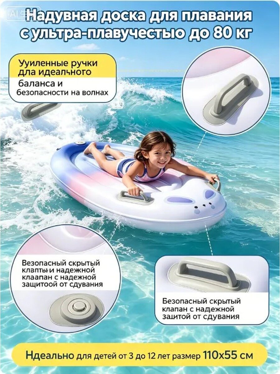 Надувная доска для плавания детская, плотик-бодиборд с ручками, см, до 80
