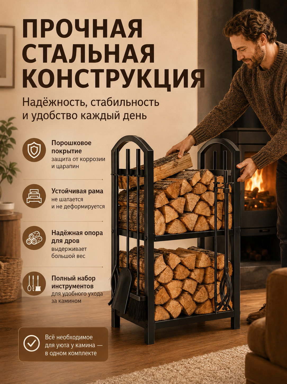 Дровница переносная c ВСЁ для камина В комплекте, металлическая для дома и дачи, Стальной дровник камина или печи