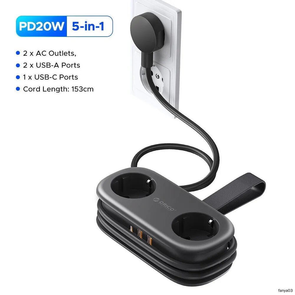 Компактный дорожный удлинитель 2 евро-порта, 2 USB-A, 1 USB-C PD 20W