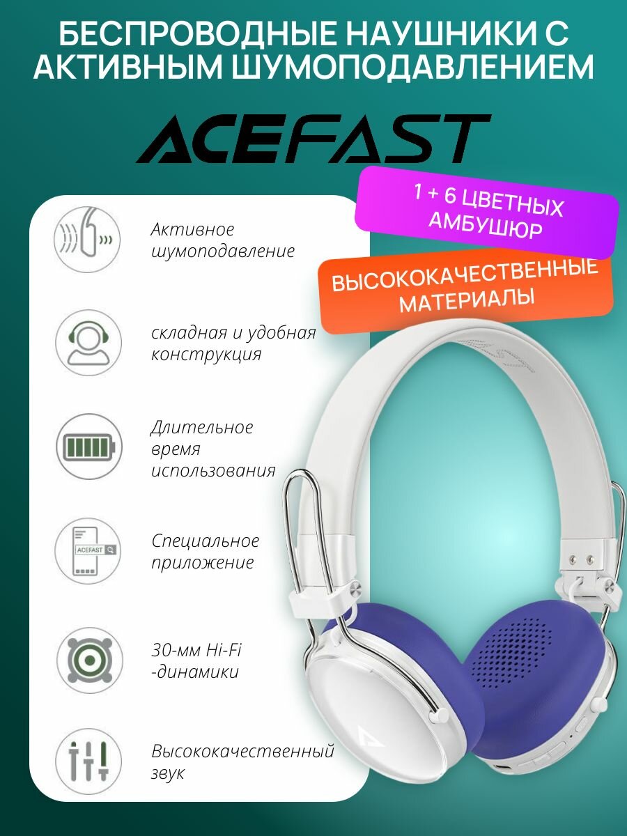 Беспроводные наушники с активным шумоподавлением ACEFAST H7 Active Noise Reduction Wireless Headset. Цвет: белый жемчуг