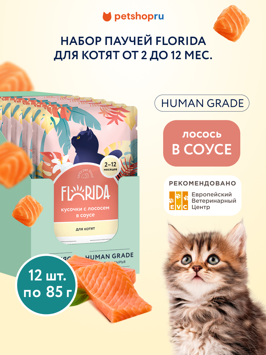 FLORIDA Паучи для котят: кусочки с лососем в соусе, 12 шт по 85 гр Влажный корм