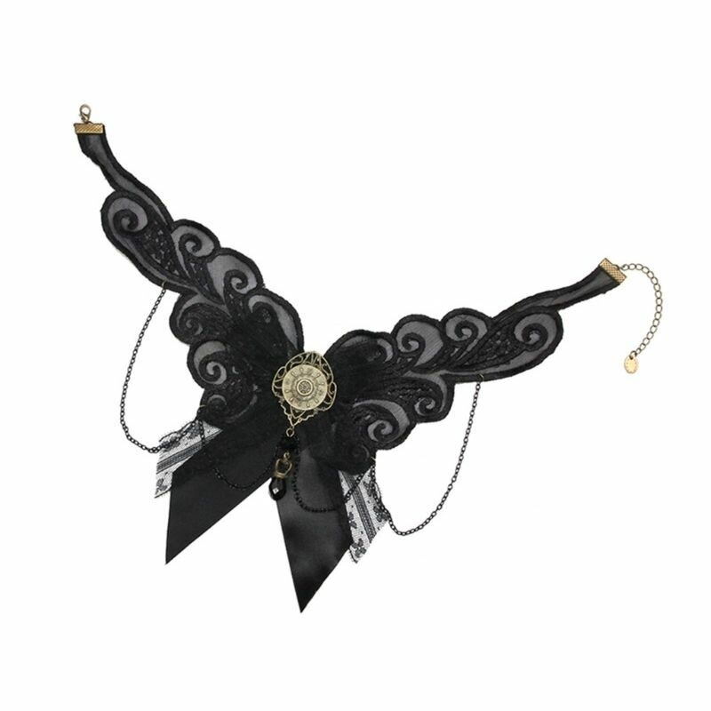 Искусственный воротник с кружевным бантом и кисточкой-черный