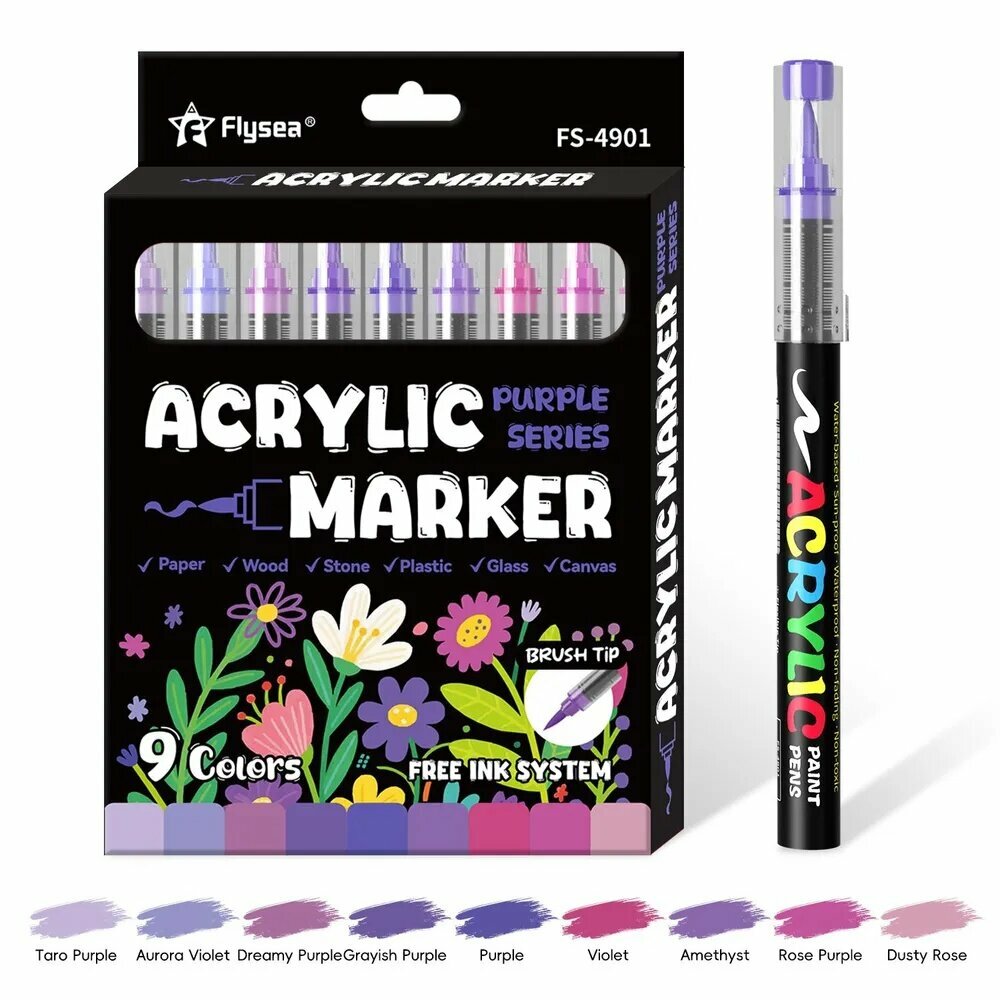 Flysea Набор маркеров Акриловый, 9 шт. для граффити