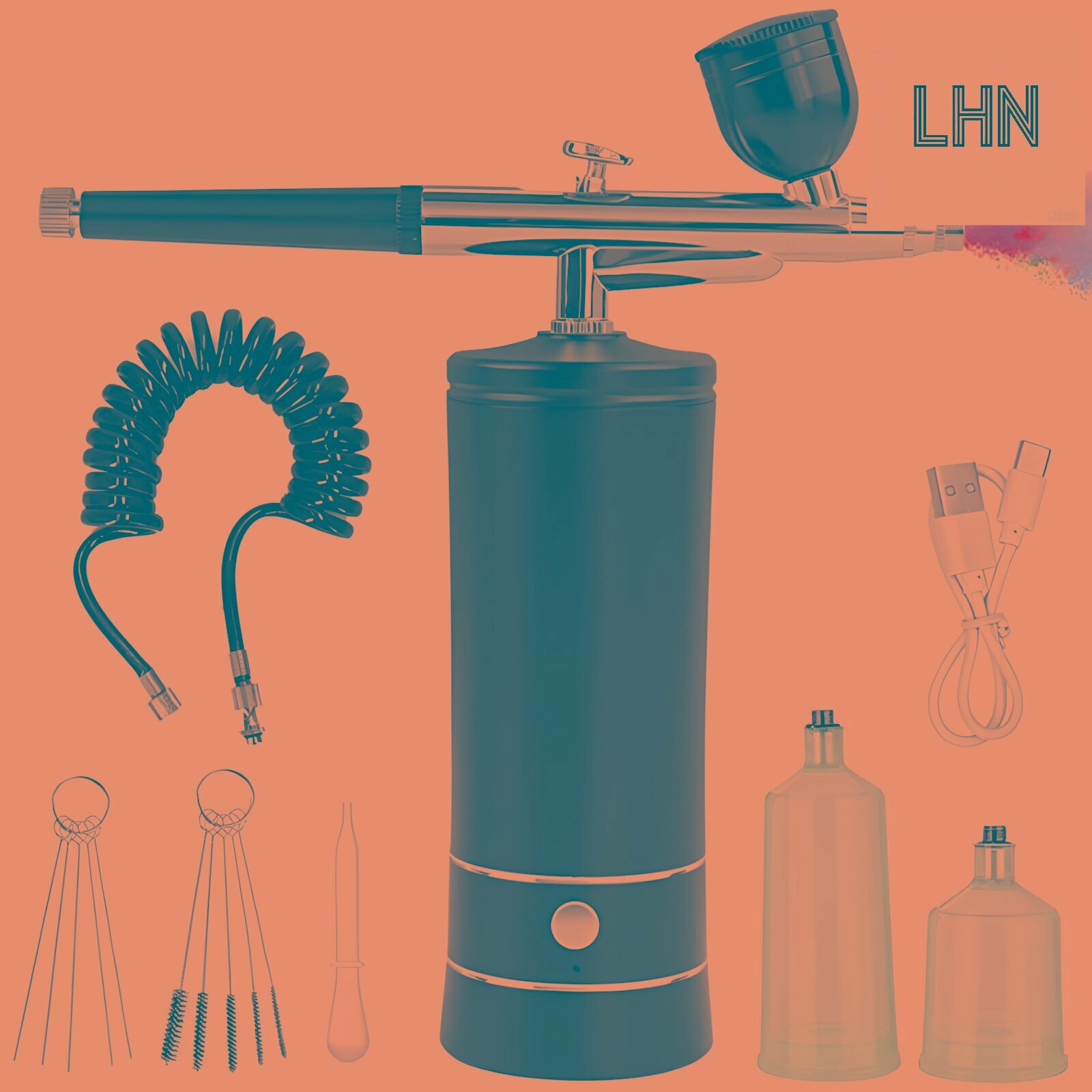 Набор: аэрограф черный, компрессор, 3 бачка для краски, пипетка, набор мундштуков, кабель Type-C, шланг