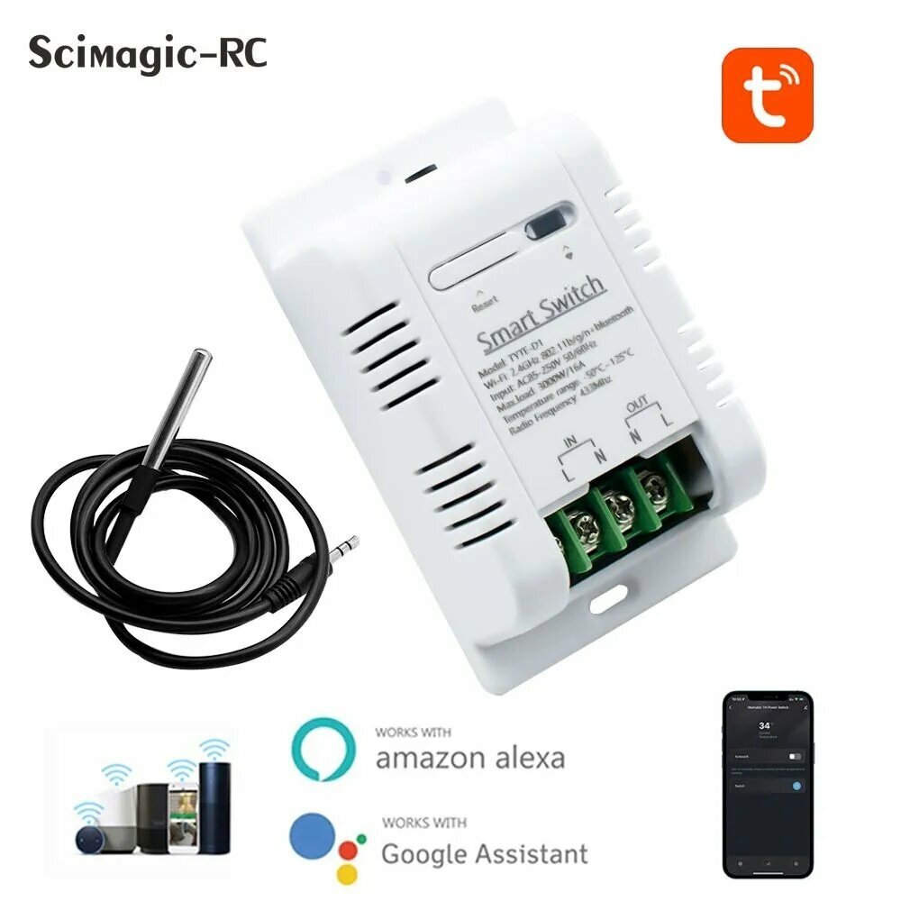 Tuya Интеллектуальный датчик температуры Релейный модуль WiFi + RF433 AC 85-250 В 16 А Совместим с Alexa и Google Home