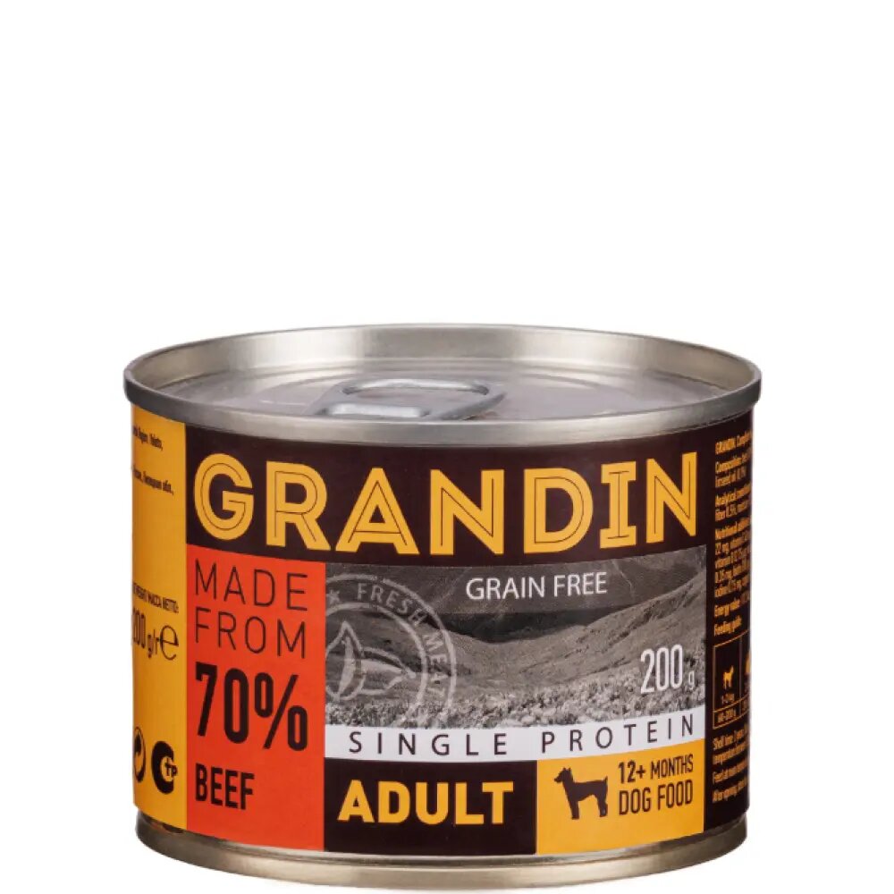 Grandin Влажный корм (консервы) для взрослых собак всех пород, с говядиной и льняным маслом, 200 гр, 9шт