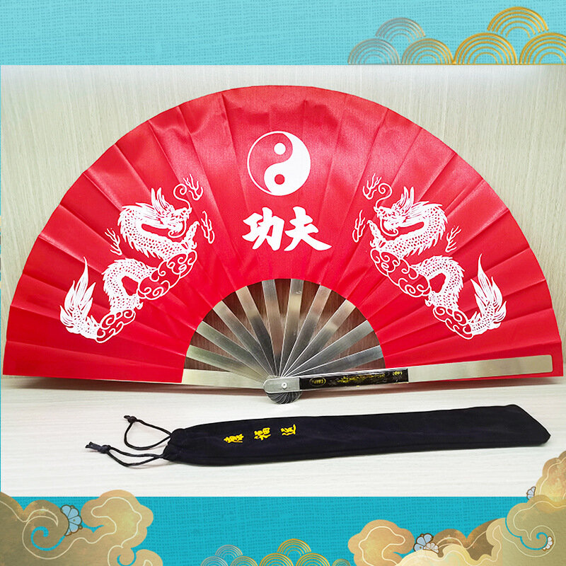 Веер для тайцзи из нержавеющей стали, веер для кунг-фу, веер для боевых искусств, сценический веер, веер с двойным драконом из железа, звуковой веер для боевых искусств, складной веер.