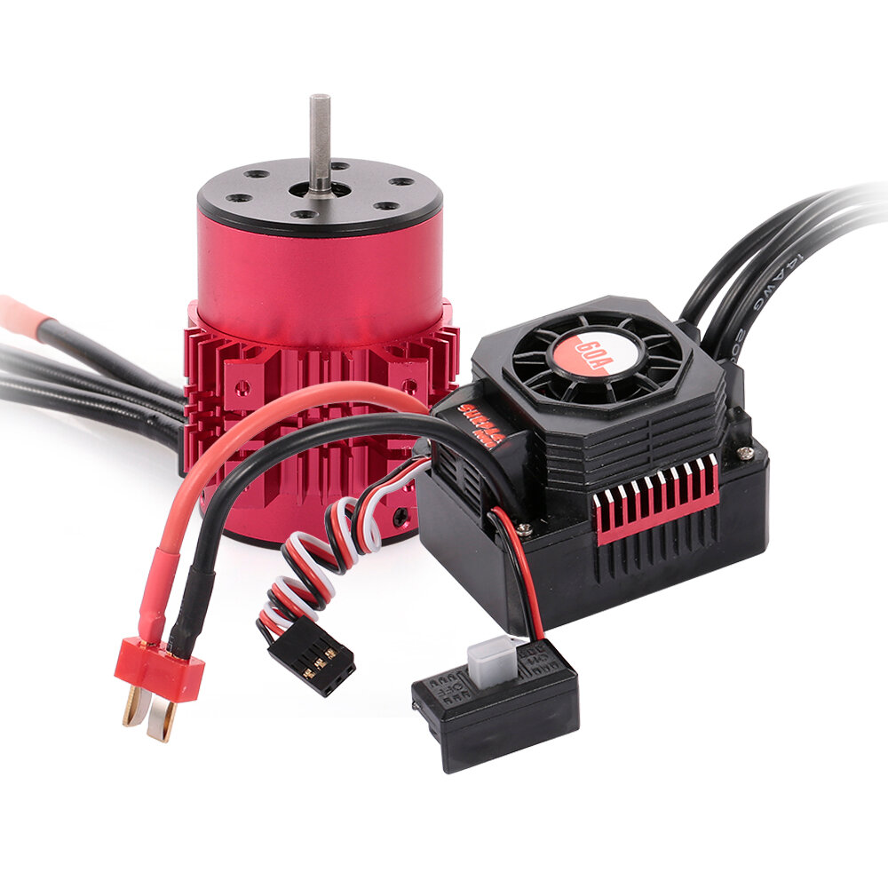 SURPASS HOBBY 3650 3900KV Brushless Motor с радиатором и 60A ESC с BEC Waterproof для 1/10 1/8 RC Car Truck, 900W, <13V, 69A, 50000 RPM, 36mm диаметр, 50mm длина, 15mm длина вала, 3.175mm диаметр вала, 4mm золотые банановые разъемы, ESC Waterproof 60A