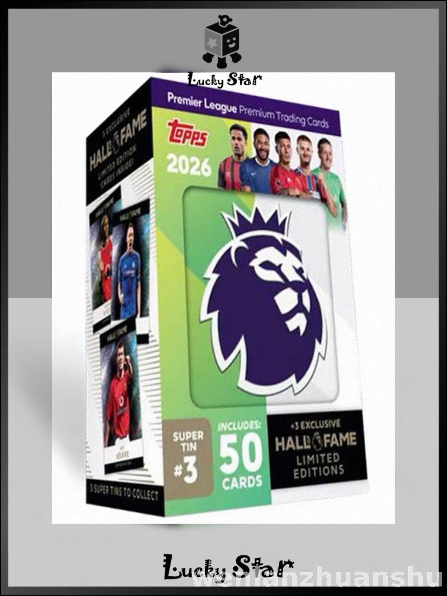 Эксклюзивный супержесткий бокс зеленого цвета, содержащий коллекционные карточки Premier League Debut Edition 2025 от Topps, включает 50 стандартных карт и 3 лимитированных издания Hall of Fame