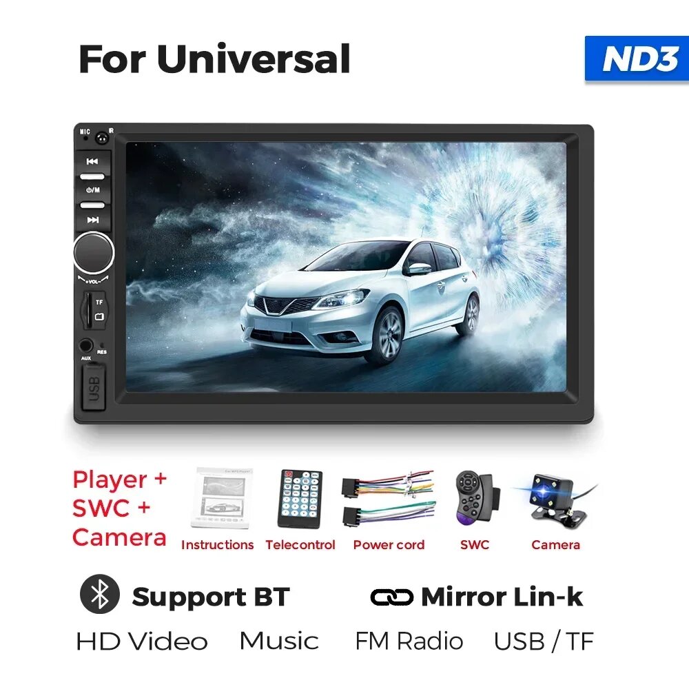Автомагнитола 7" ND3 с Bluetooth, Mirror Link, FM, USB, AUX, Camera