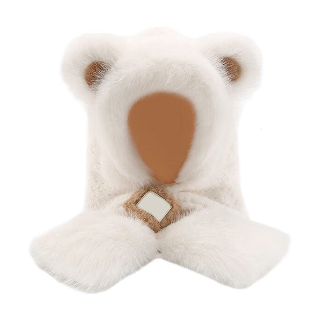 Шапка-шарф с ушками медведя из искусственного меха кролика, Белый
