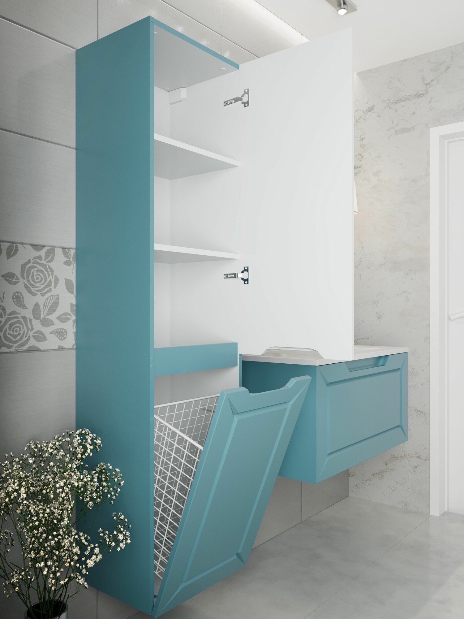 Шкаф пенал для ванной с корзиной для белья подвесной Alba аквамарин аквакрафт, правое открывание