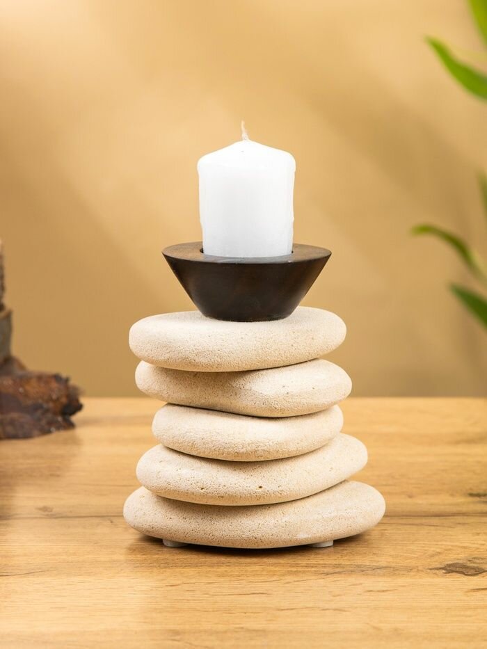 Подсвечник Каменная башня , 10 10 13 см, камень, бежевый