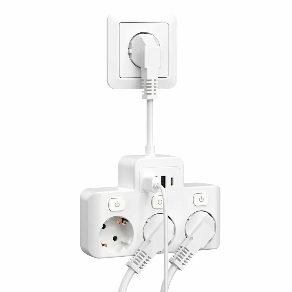 HITRENDS Евро выключатель и розетка конвертер - 3USB порт+1C тип порта-1шт-белый-(5CM шнур*1.5 квадрат)