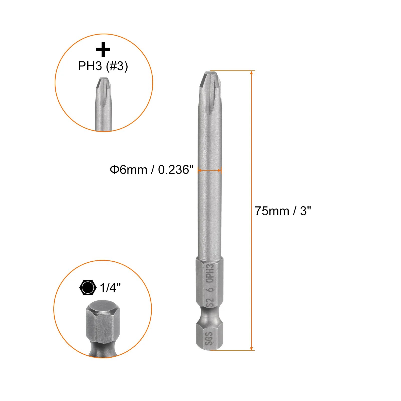 UXCELL Крестовые биты отвертки PH0 PH1 PH2 PH3 1/4", 75 мм 5pcs, PH3 6mm Rod