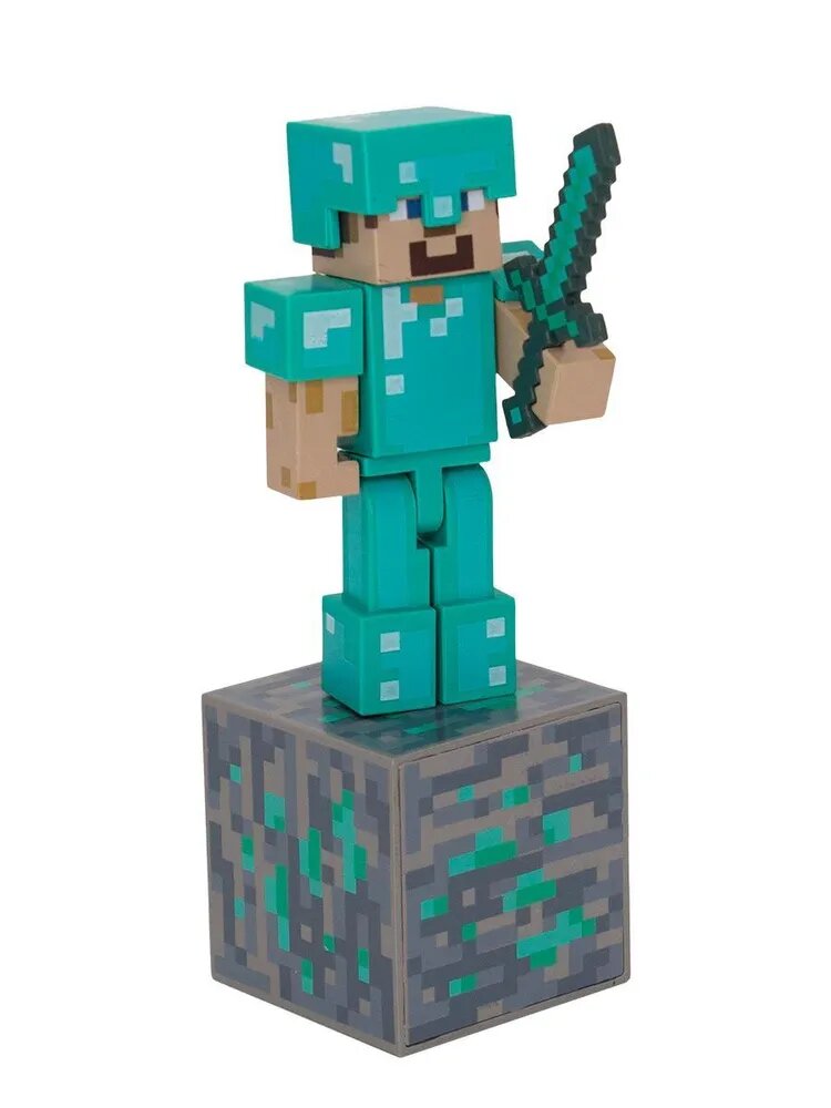 Фигурка Minecraft Diamond Steve Фигурка из пластика для детей и взрослых коллекционная на подставке с подвижными руками и ногами — фото 1