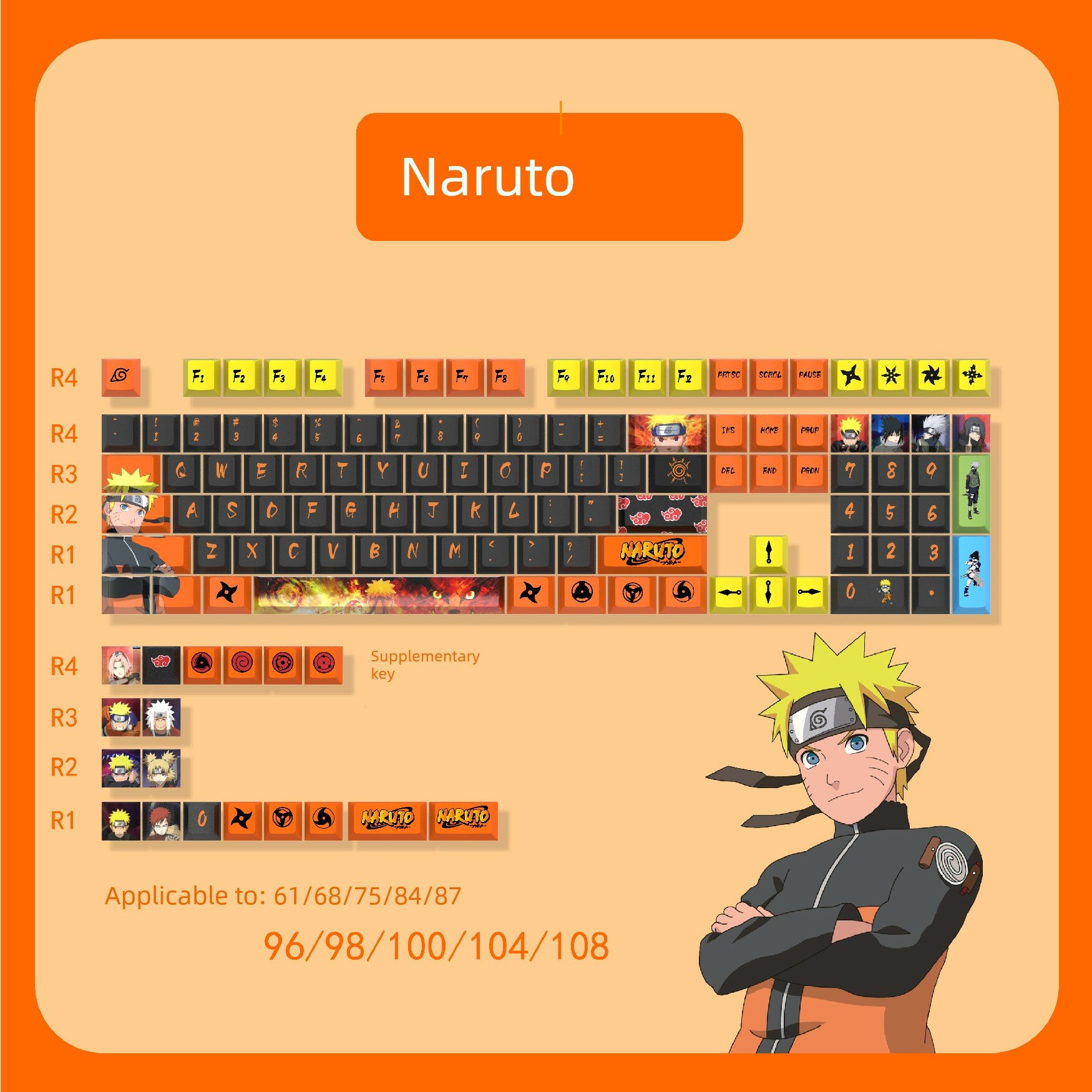Кейкапы для клавиатуры с дизайном Наруто, персонализированные, с сублимационной печатью, 68, 75, 98, 104, 108 клавиш