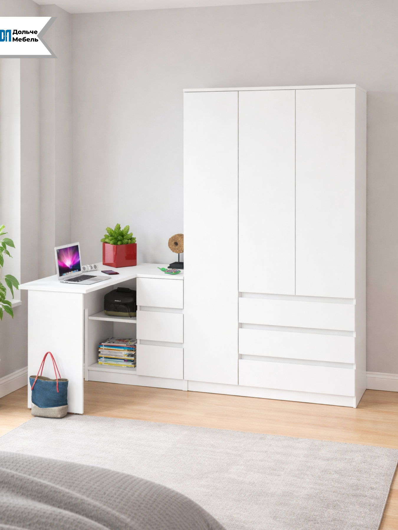 Стол компьютерный Мори МС-16 правый со шкафом МШ1200.1, цвет белый