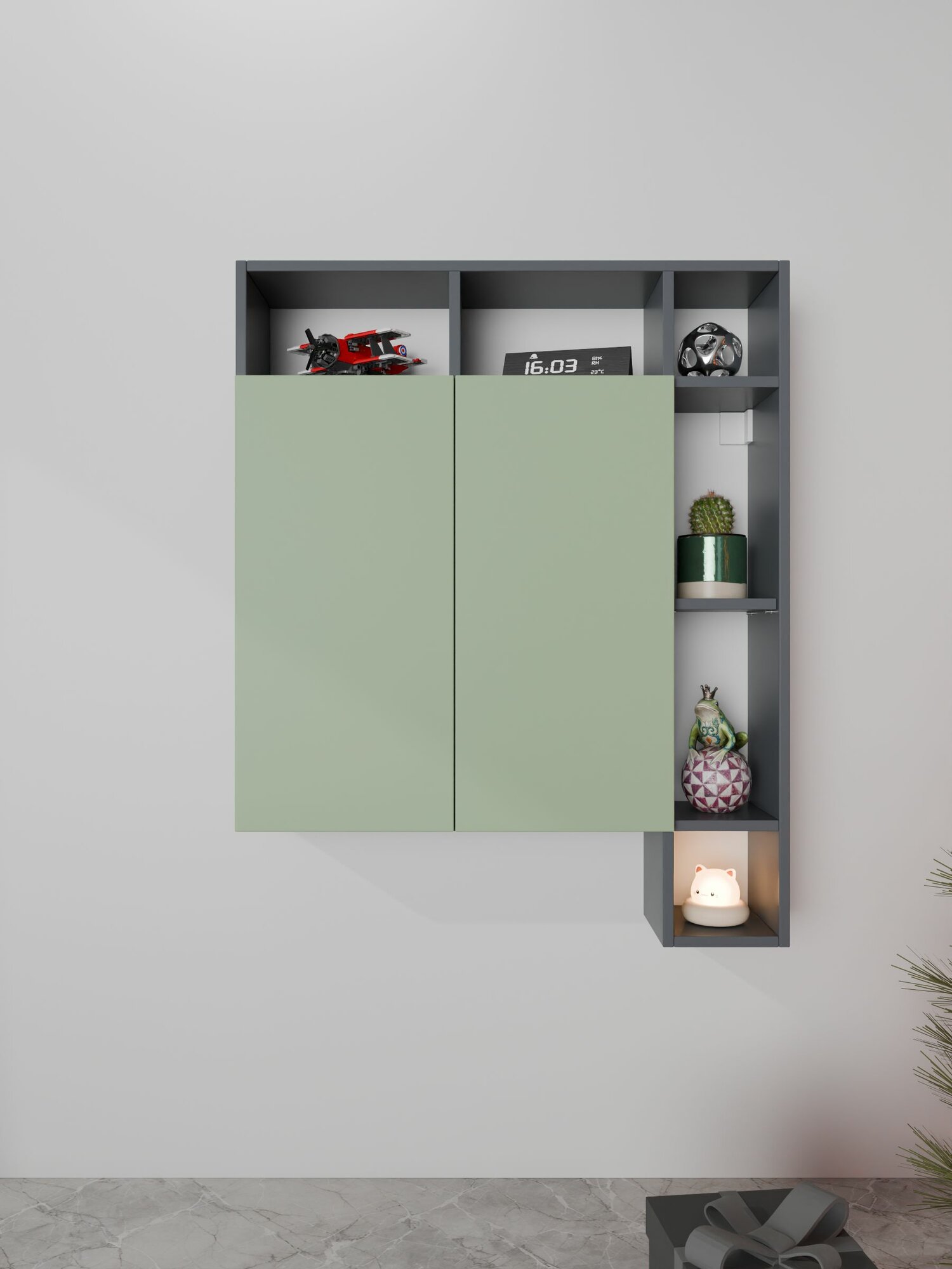 Изумлит Полка навесная закрытая модуль Эра 98.3х79.3х21.6 см, графит-мятный