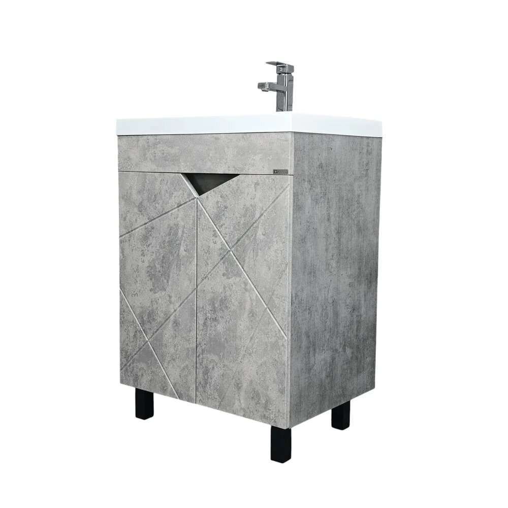 Тумба с раковиной Домино Вектор (Vector) 60 напольная, 60 см, серая, матовая, из МДФ, с дверками, раковина для ванной, из искусственного мрамора, прямоугольная