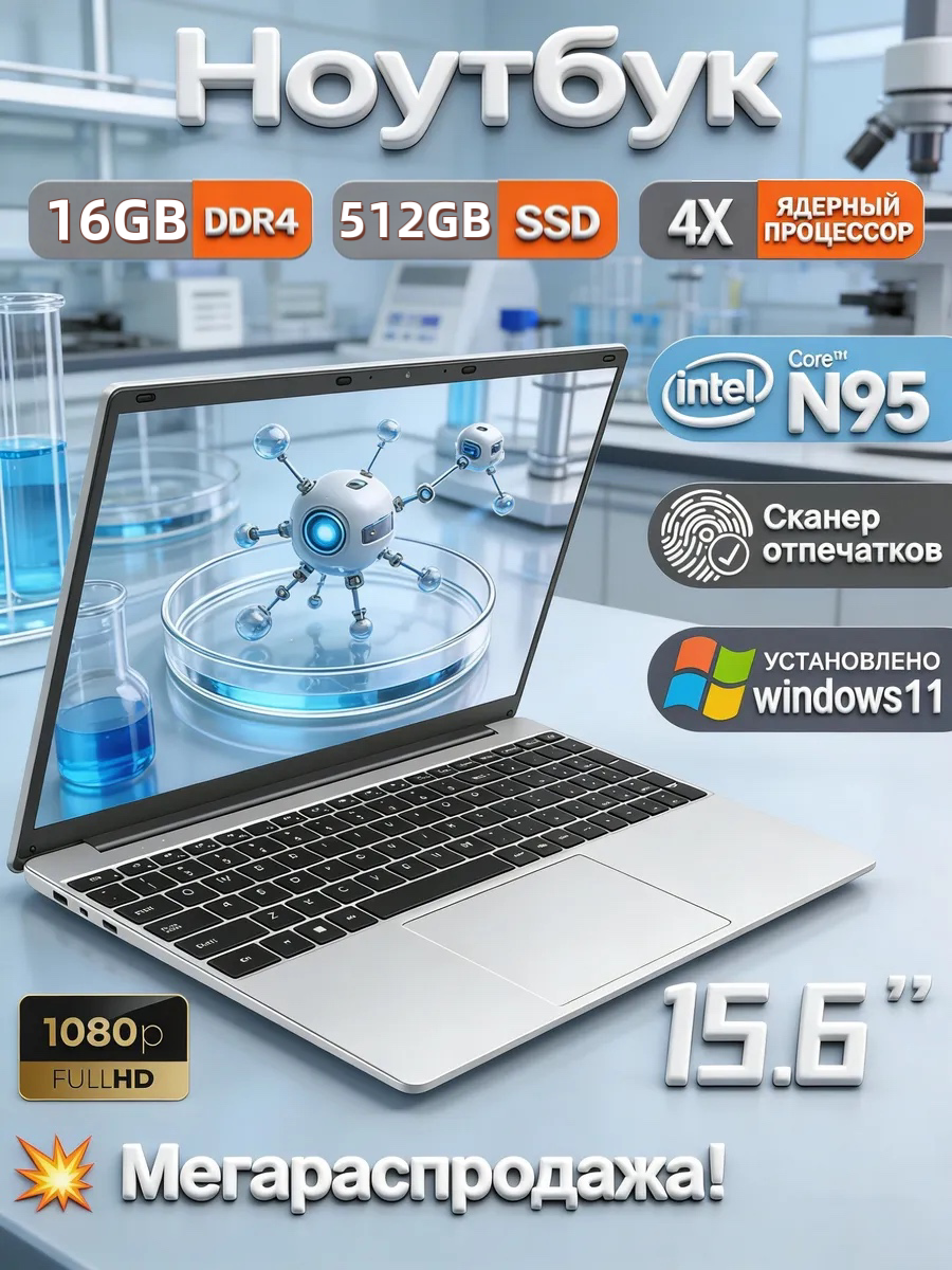 15.6" Ноутбук Intel N95, для работы и учебы, Notebook, RAM 16 ГБ, SSD 512ГБ, цвет Mid Gray, русская раскладка