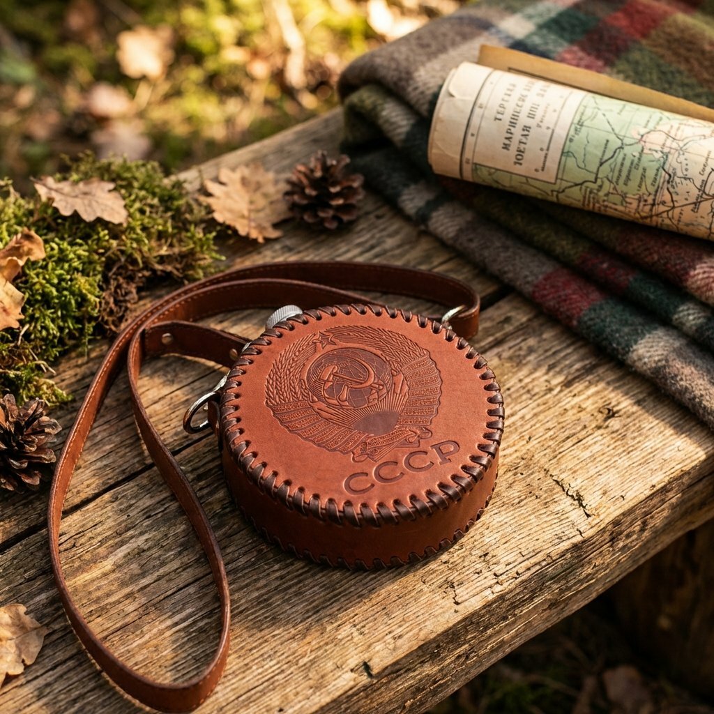 Фляга круглая 1л, обтянутая натуральной кожей 544ФК-КТ-СССР