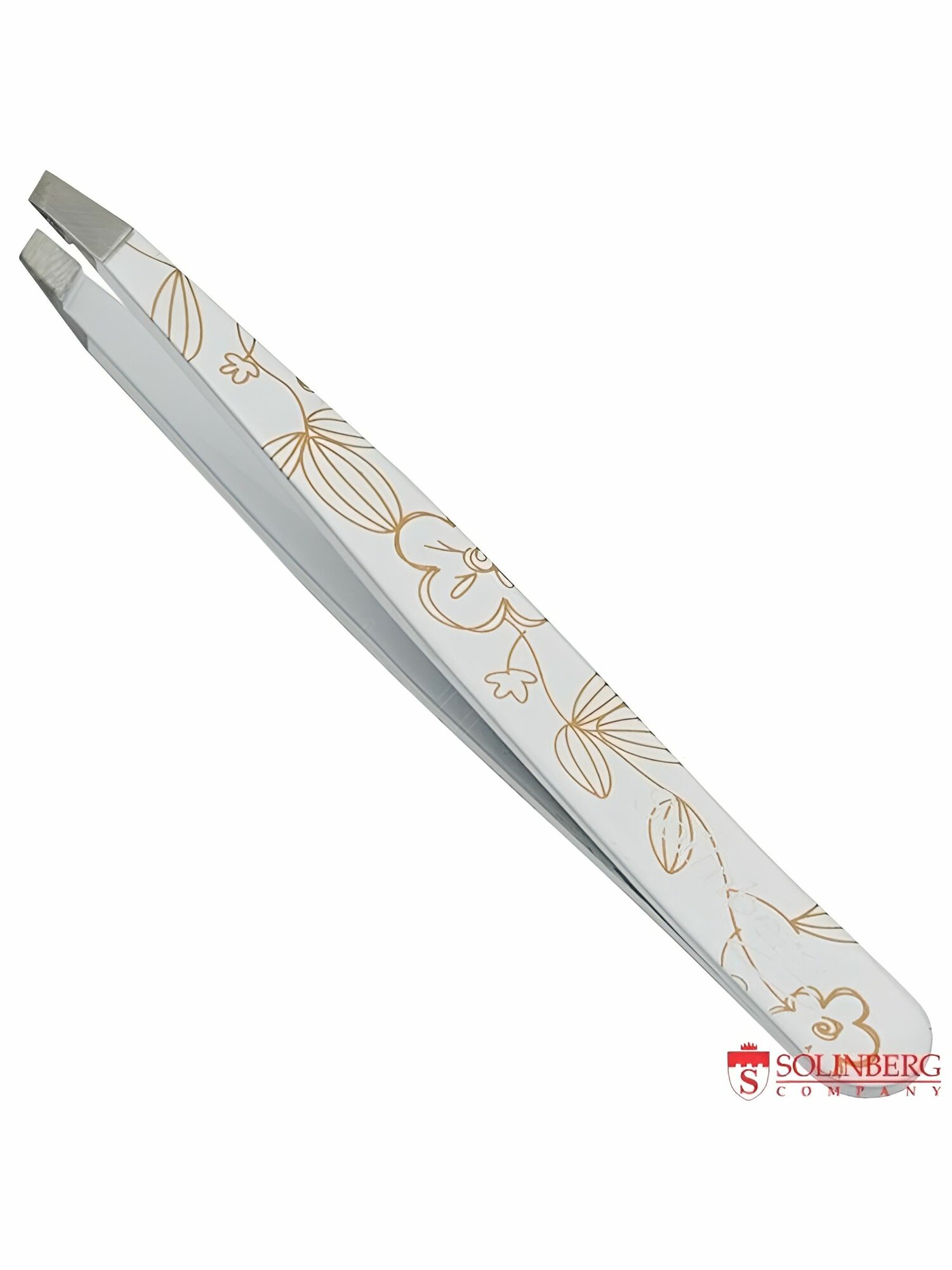 Пинцет для бровей Solinberg 2218 (ручная заточка), белый с рисунком, скошенное окончание с четкими гранями. (ручная заточка)