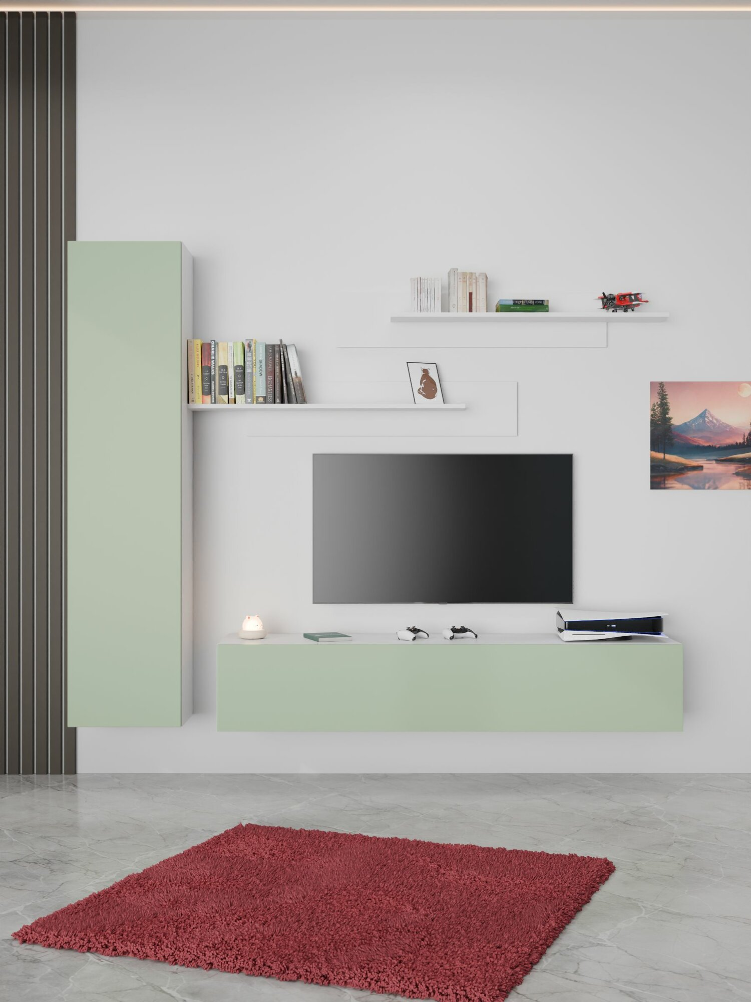 Стенка в гостиную, стенка для гостиной Флекс, подвесная 200х170х40 см (ШхВхГ), белый-мятный