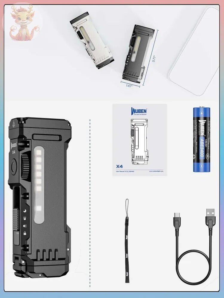 Фонарь WUBEN X4 прожектор 1500LM, встроенный аккумулятор 3400mAh, IP67 влагозащищенный, Warm White & RGB Side Light — фото 1