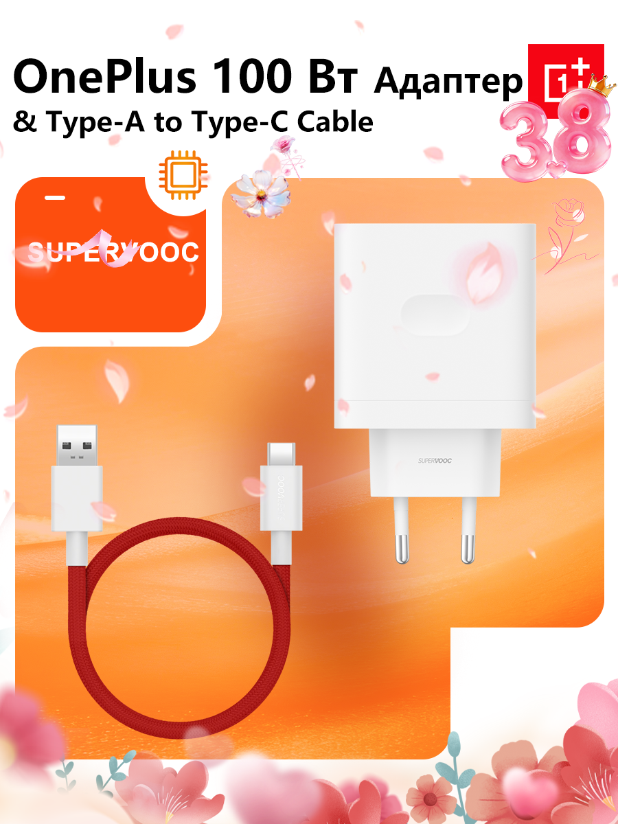 Зарядное устройство OnePlus SUPERVOOC, 100Вт, EU, белое, and Type-A to Type-C Cable
