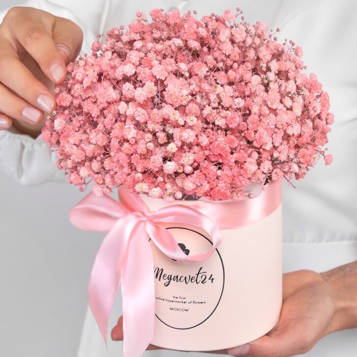 Композиция Мегацвет24 "Гипсофилы розовые", стабилизированная, 9шт, в шляпной коробке