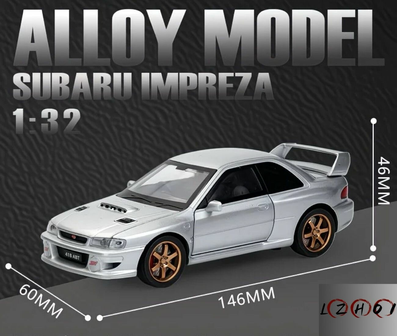 Модель спортивного автомобиля Subaru Impreza WRX STi с алюминиевым кузовом, световыми и звуковыми эффектами, четырехколесной подвеской, трехпозиционным переключателем и открывающимися дверями