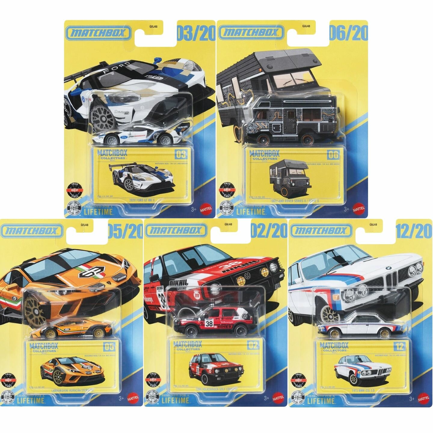 Набор из 5 коллекционных моделей автомобилей Matchbox 1:64, 2020 FORD GT MK II, 1969 Land Rover Series II, Lamborghini Huracan Sterrato, 1990 Volkswagen Golf Country, 1973 BMW CSL 3.0