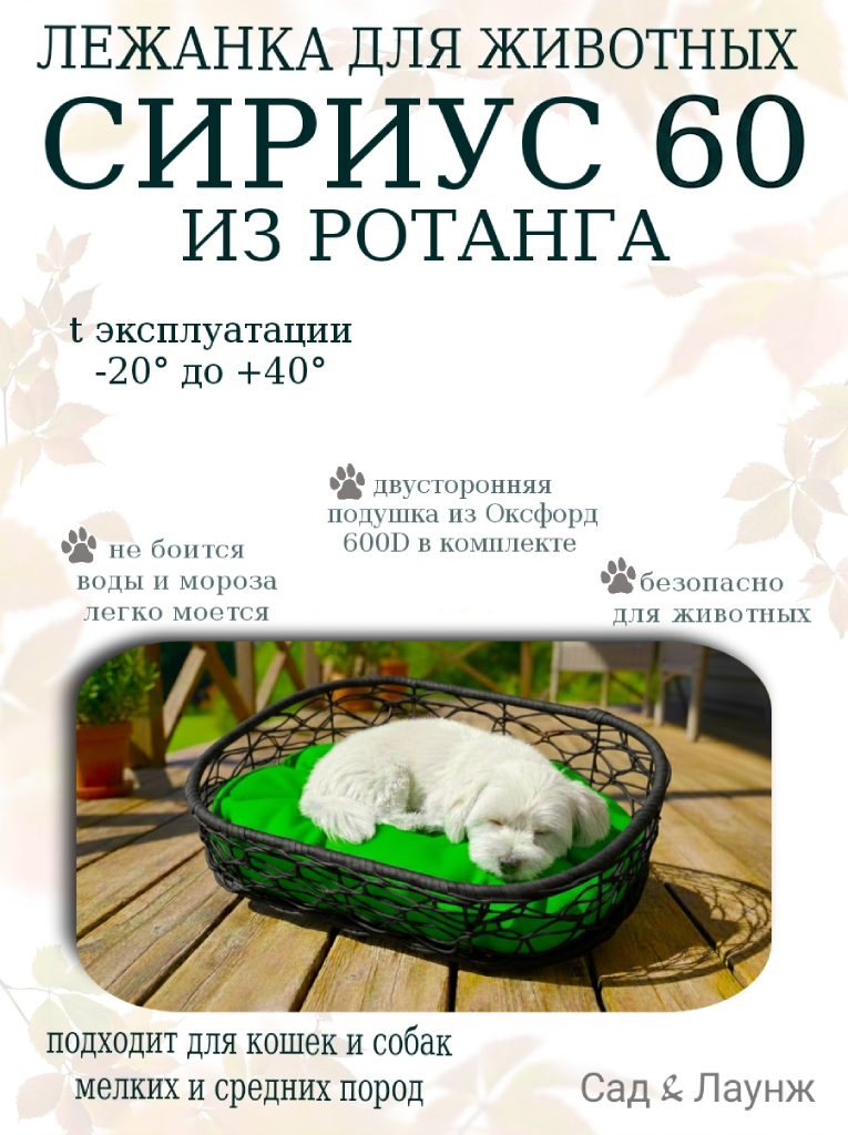 Лежанка «Сириус 60» для кошек и собак чёрная: ротанговое плетение, с бортиками, подушка зелёная